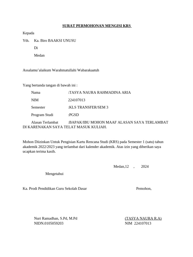 FORMAT SURAT PERMOHONAN MENGISI KRS Tasya TGL 11 Des 2024 | PDF