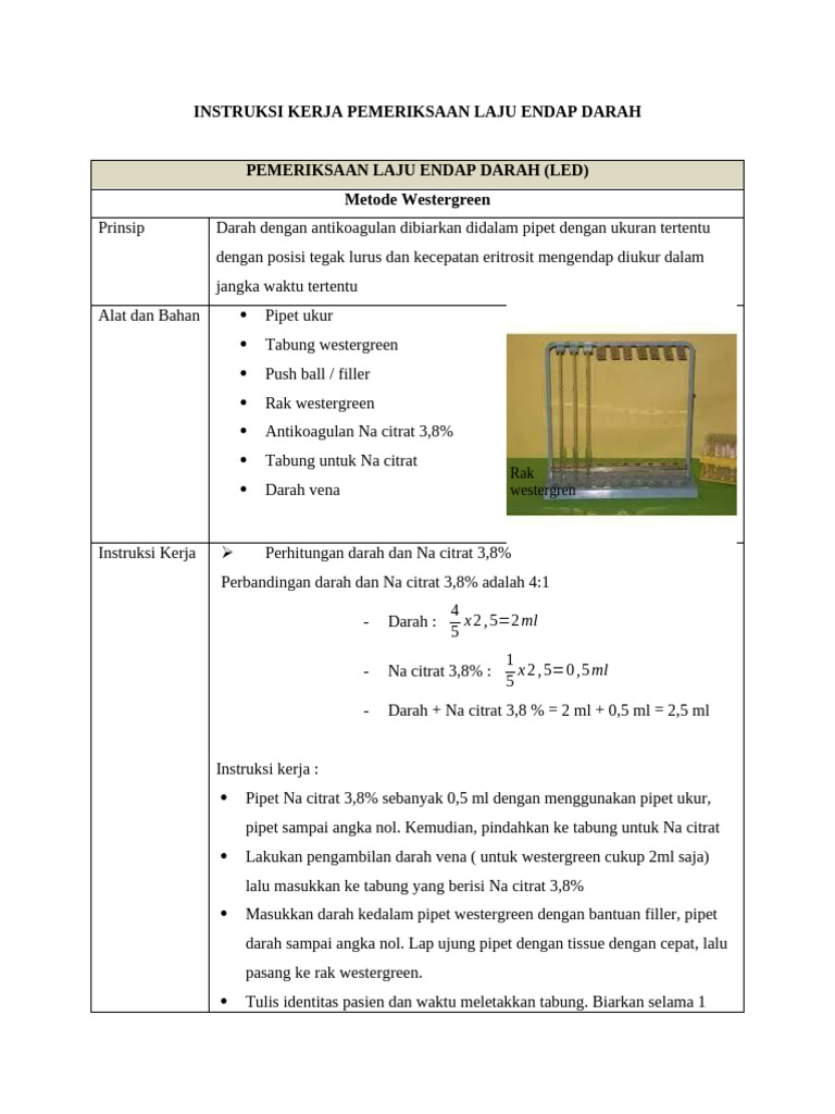Instruksi Kerja Pemeriksaan Laju Endap Darah | PDF