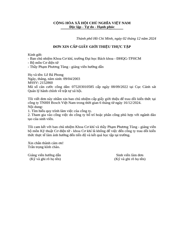 Don Xin Cap Giay GT Thuc Tap | PDF