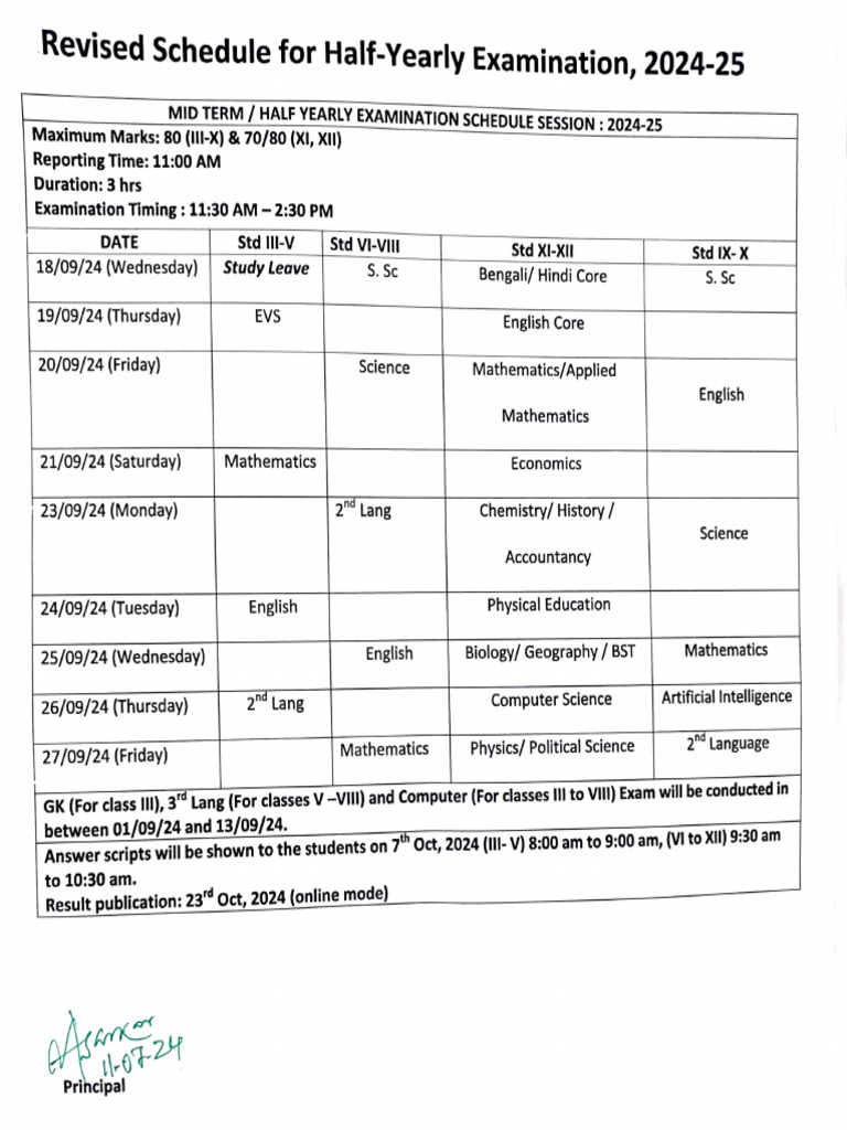 Revised Schedule For Half Yearly Exam 2024 25 Pdf