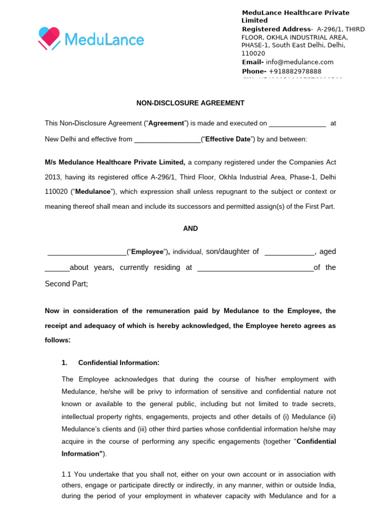 NDA Employee Medulance 2024 | PDF | Confidentiality | Non Disclosure ...