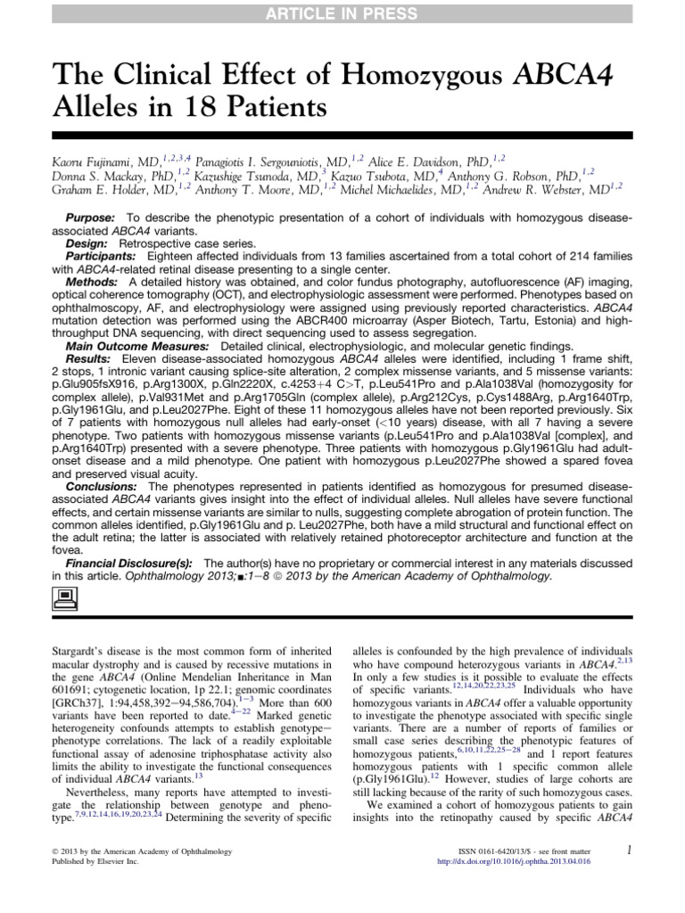 Clinical Impact of Homozygous ABCA4 Variants | PDF | Zygosity | Allele