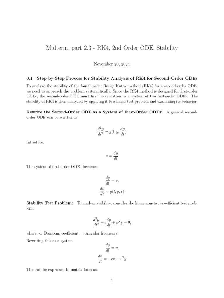 Computational engineering COE 311K Midterm, part 2.3 - RK4, 2nd Order ODE, Stability (1) (1 ...