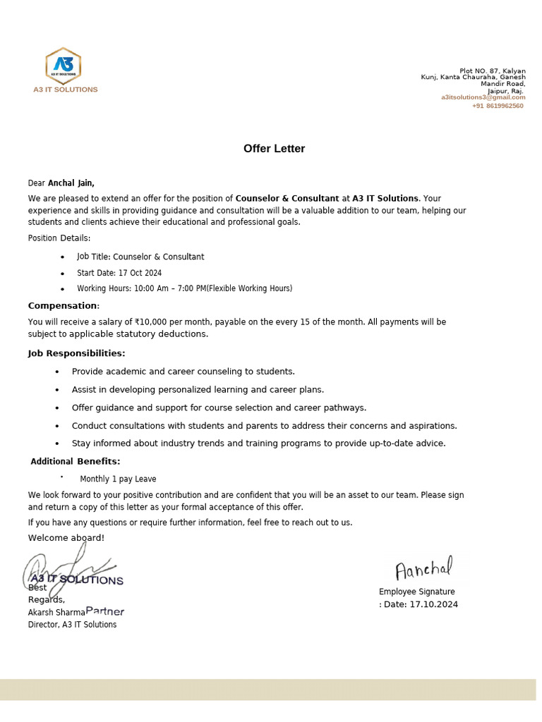 Anchal Jain Offer Letter | PDF | Labor Relations | Employment