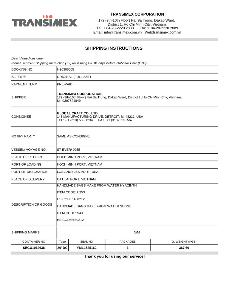 Transimex Shipping Instructions | PDF