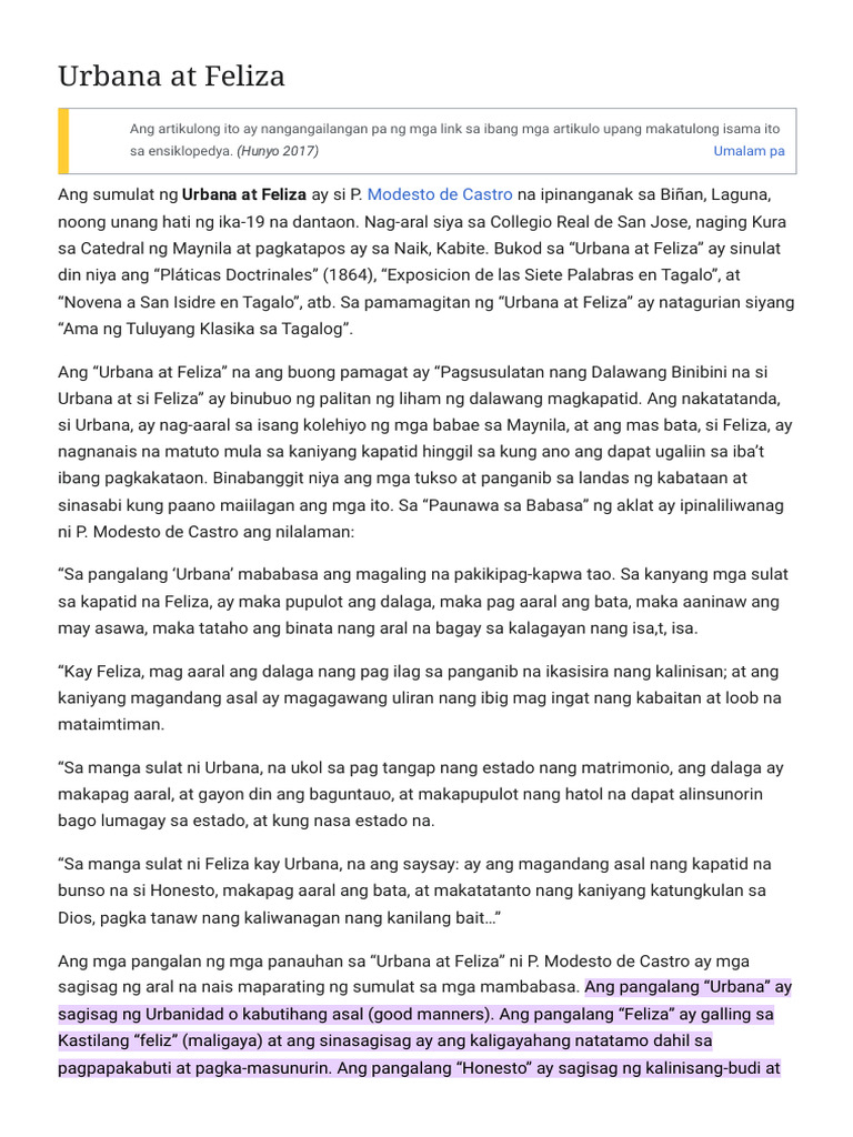 Urbana at Feliza - Wikipedia, Ang Malayang Ensiklopedya | PDF