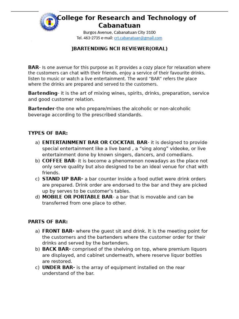 Bartending Ncii Reviewer | PDF | Cocktails | Bar (Establishment)