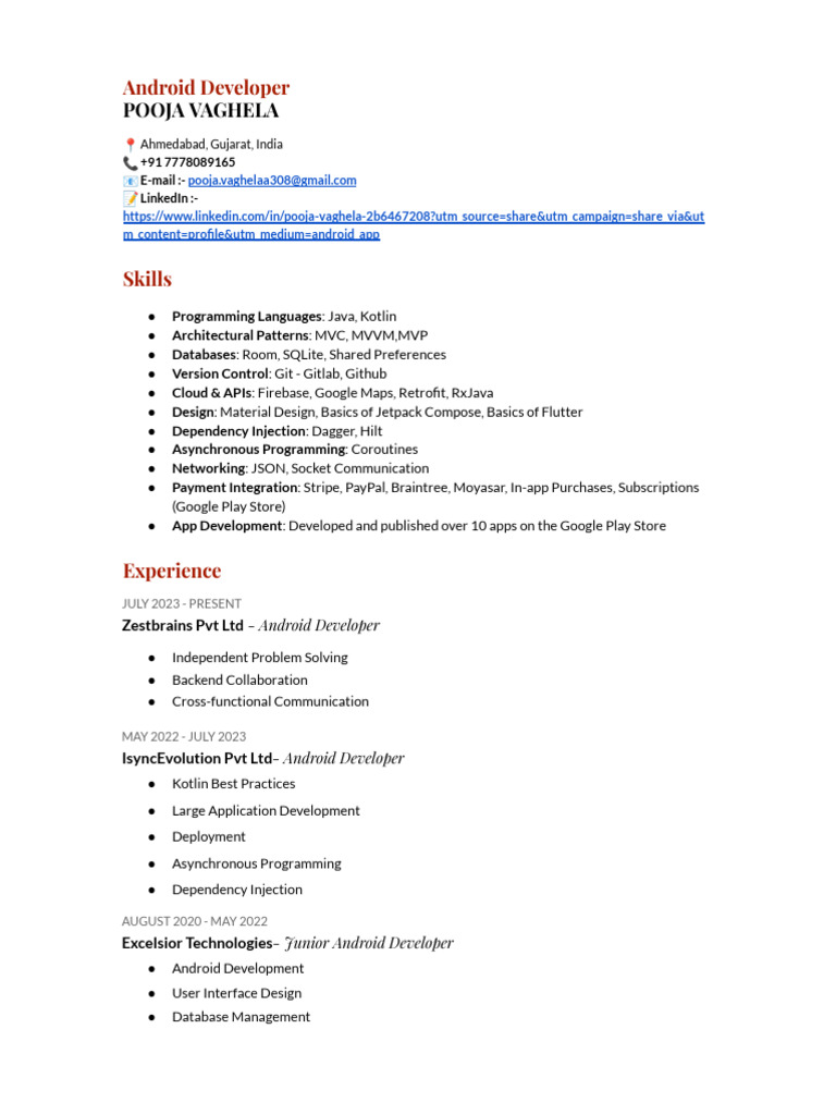 PoojaAndroid_Resume | PDF | Android (Operating System) | User Interface