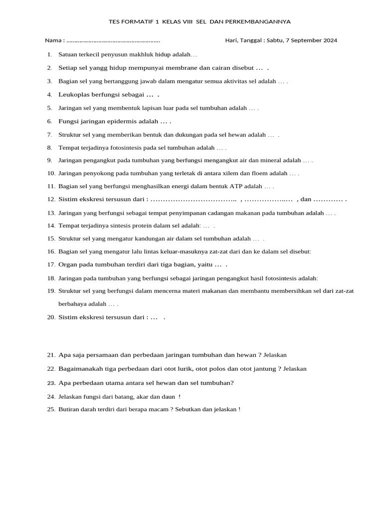 Tes Formatif Sel dan Perkembangannya | PDF