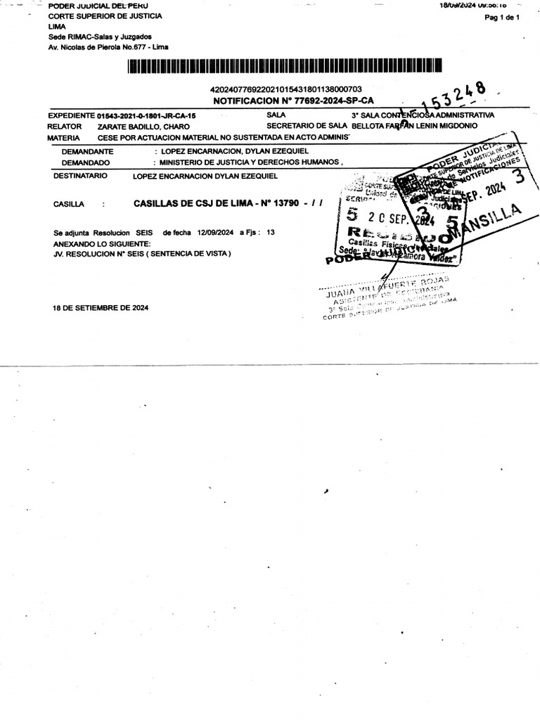Not N.° 77692-2024-SP-CA 18 SET 2024. Exp. N.° 01543-2021. OCR. 14p | PDF | Fiscal | Ley procesal