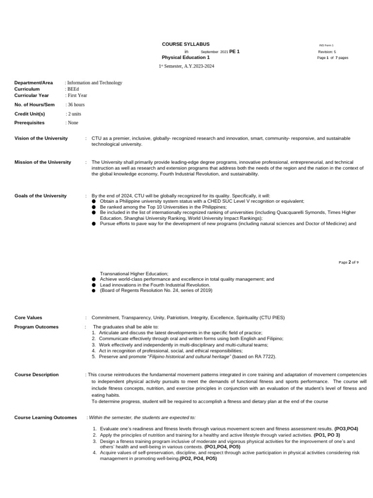 Revised PE 1 Syllabus Updated VMGO - BSIT 1b | PDF | Physical Fitness | Learning
