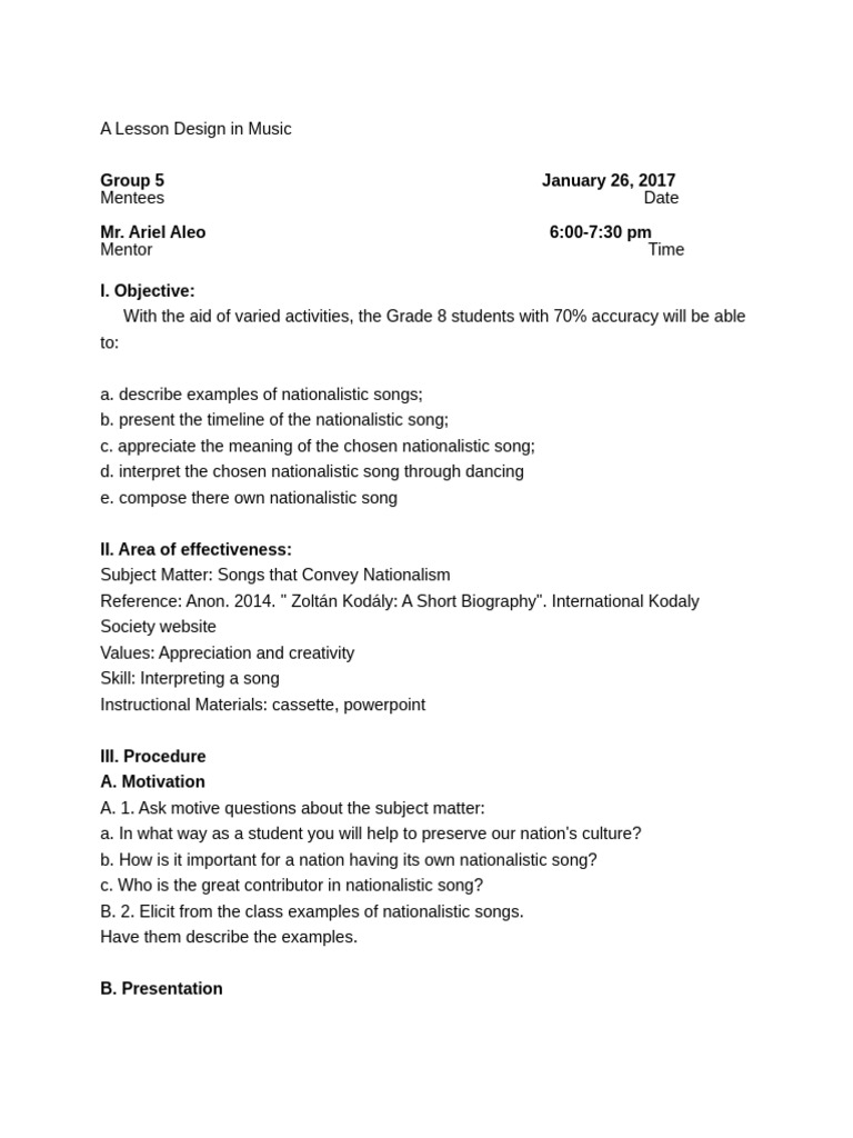 A Lesson Design in Music Lesson Plan | PDF | Teaching | Cognition