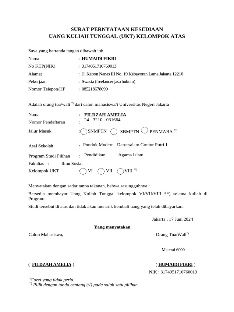 Surat Pernyataan UKT Atas | PDF