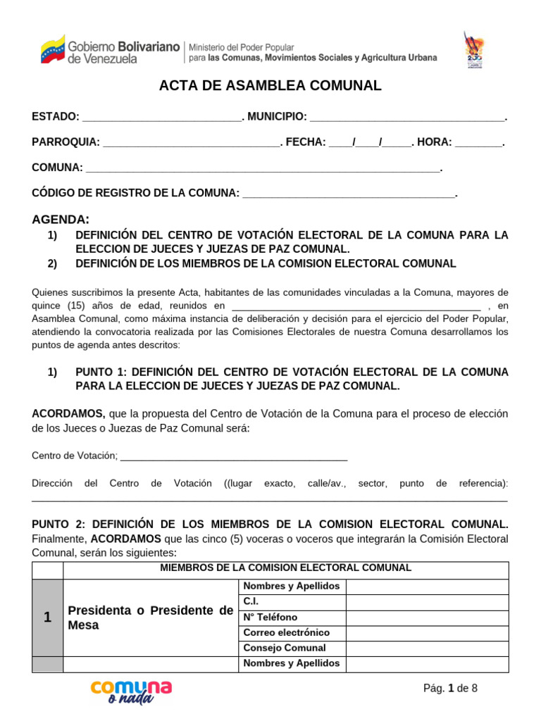 Acta de Asamblea Comunal para La Eleccion de Los Jueces y Juezas de Paz Comunal | PDF | Gobierno ...