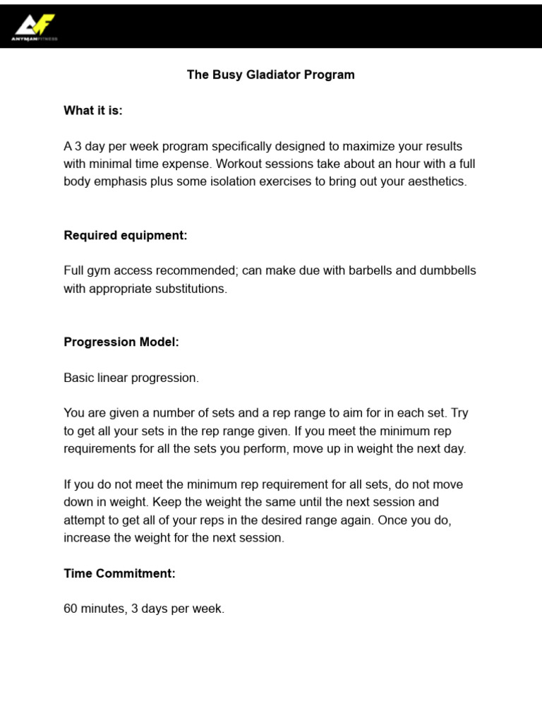 Busy Gladiator Workout Program | PDF | Dieting | Strength Training