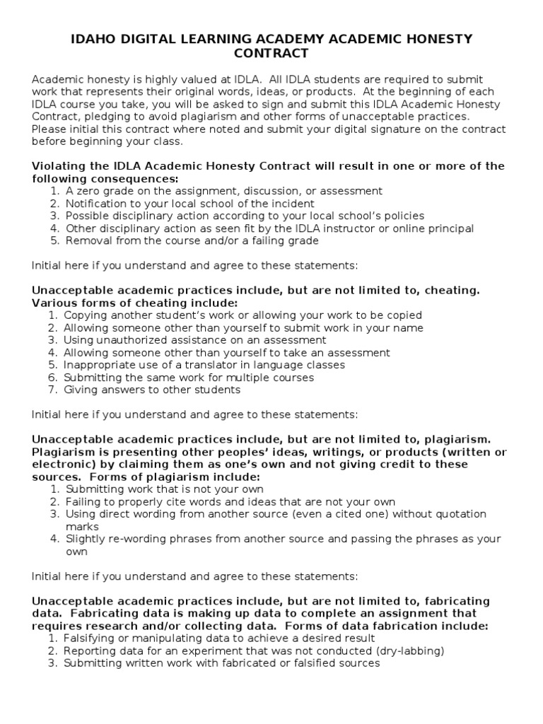Academic Honesty Contract L Moldovan | PDF | Academic Dishonesty ...
