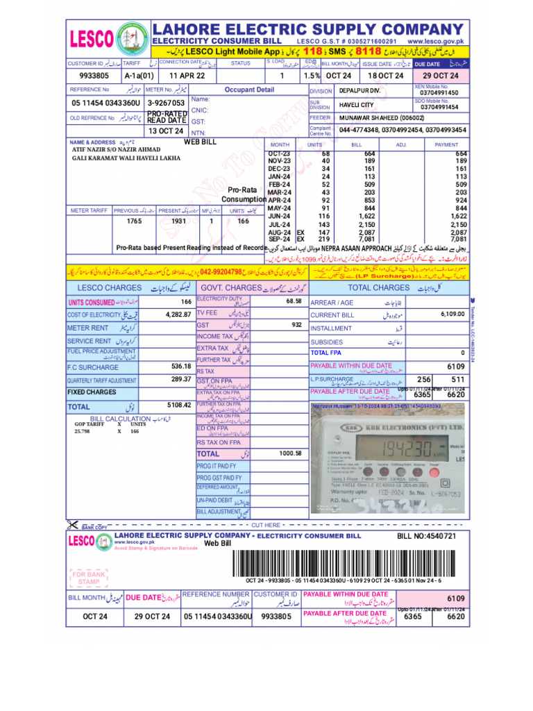 Pro-Rata Web Bill Summary for Oct 2024 | PDF