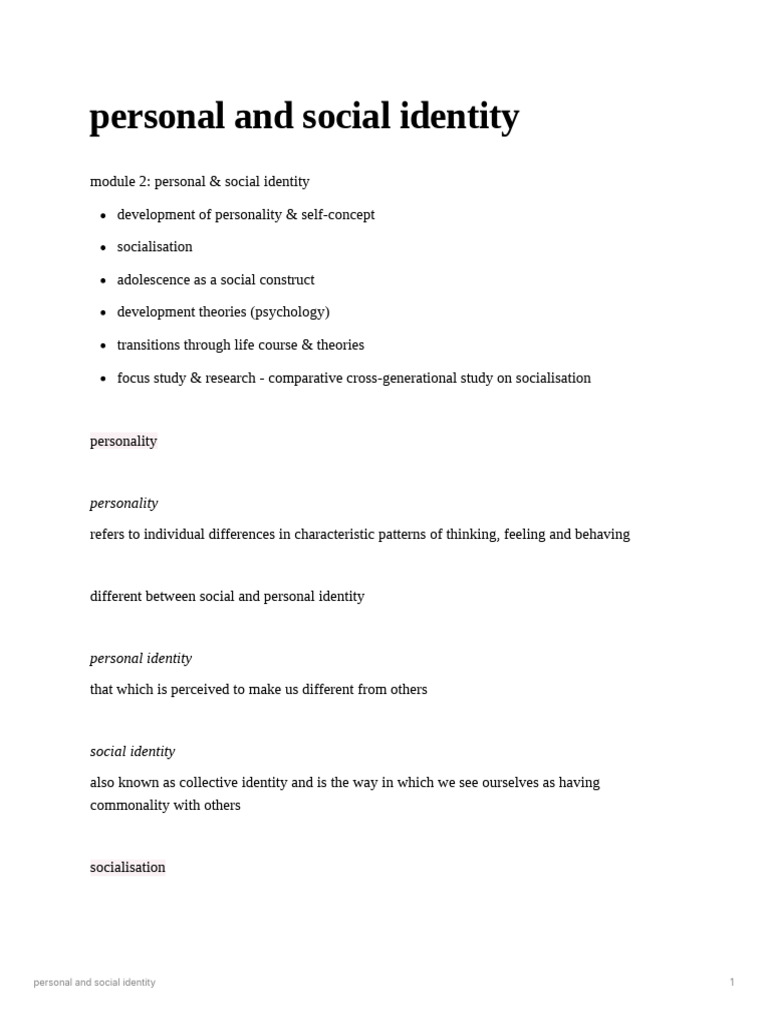 Personal and Social Identity Notes | PDF | Socialization | Self Concept