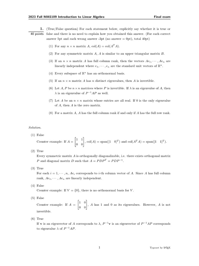 2023F MAS109 Final Solution | PDF | Eigenvalues And Eigenvectors | Matrix (Mathematics)