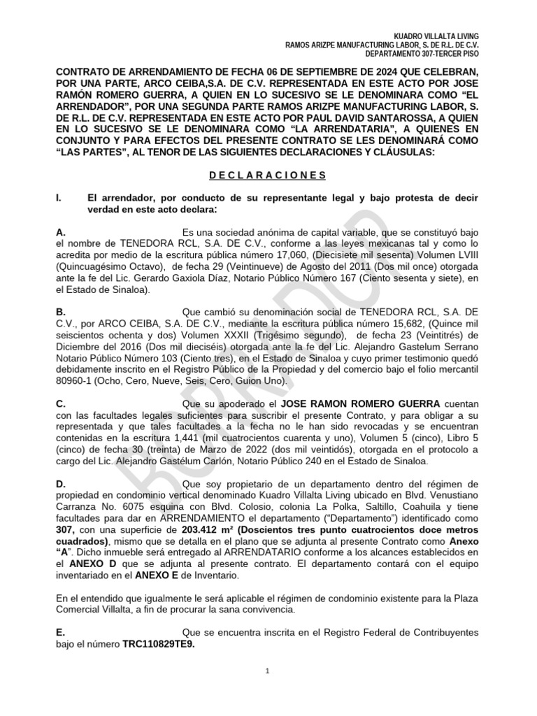 Contrato de Arrendamiento Departamento 307 | PDF | Condominio | Daños y ...