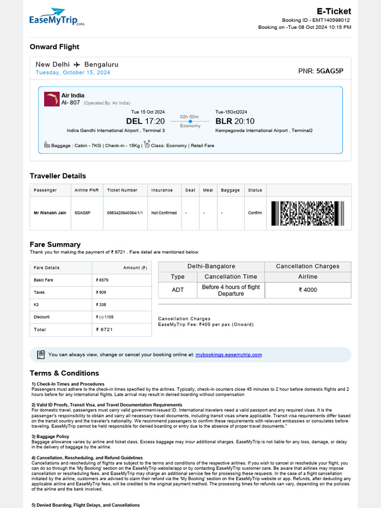 EaseMyTrip Flight E-Ticket For Flights | PDF | Travel Visa | Airlines