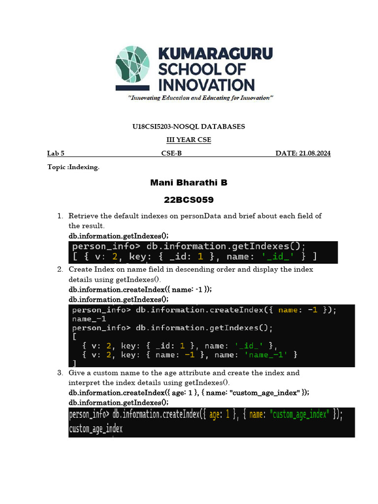 22BCS059 NoSQl LAB Indexing | PDF | Database Index | Data Management Software