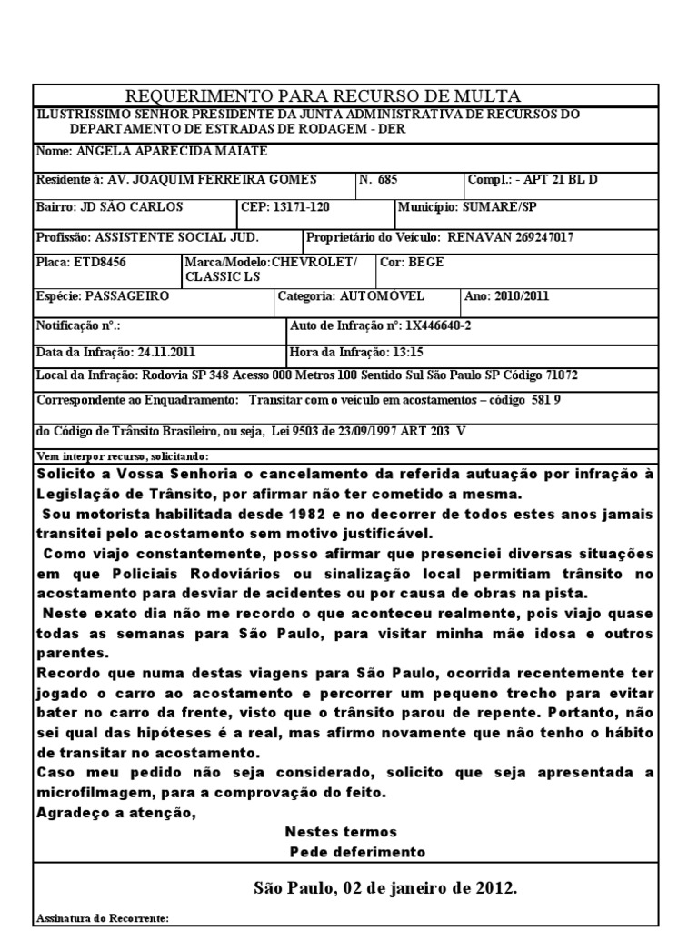 Modelo To para Recurso de Multa | PDF | Ciências Sociais