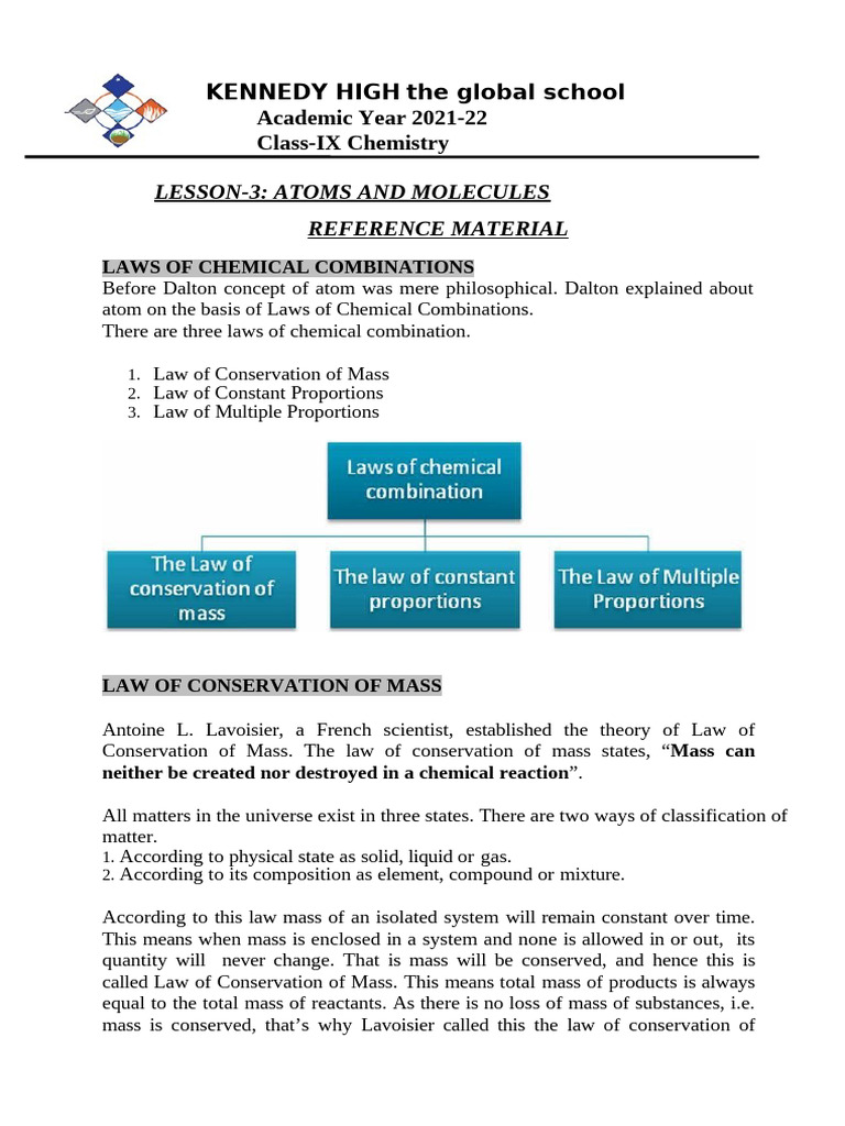 Atoms and Molecules Reference Material | PDF | Mole (Unit) | Chemistry
