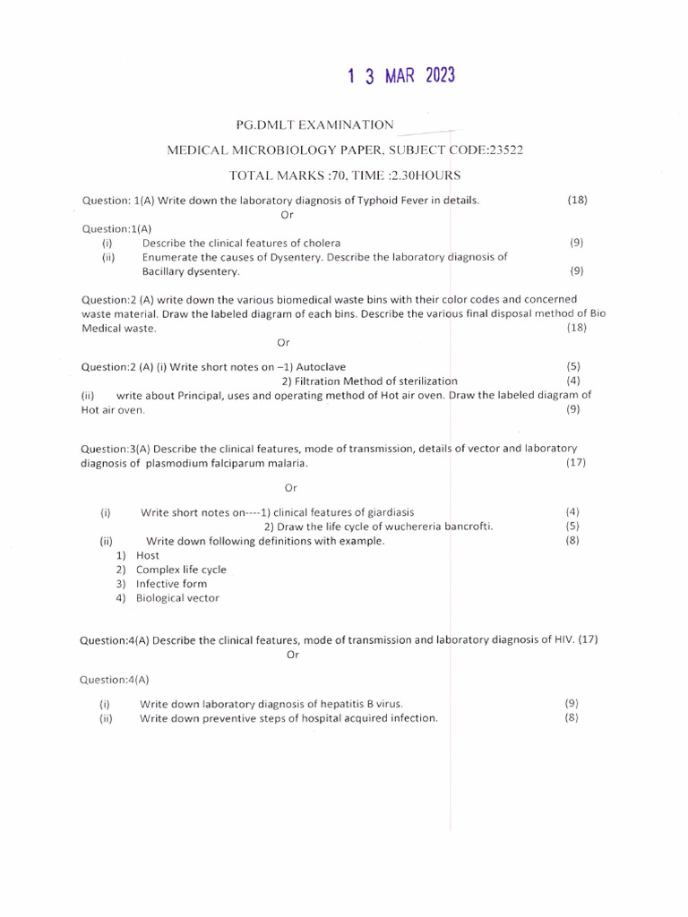 PGDMLT Sem1 23522 Mar-2023 Medical Micro. | PDF