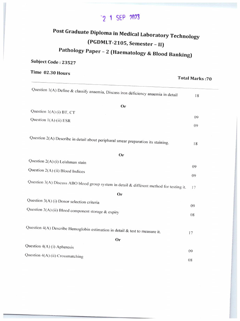 PGDMLT Sem2 23527 Sep-2023 Pathology | PDF