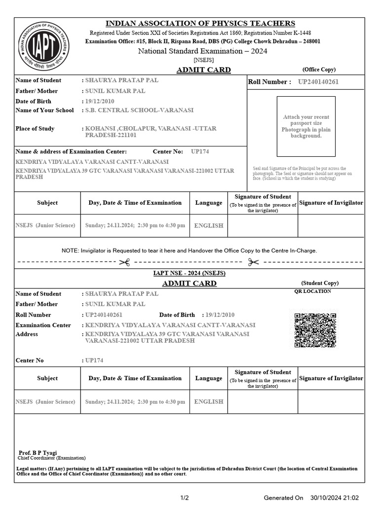 NSEJS Admit Card Details | PDF | Government And Personhood