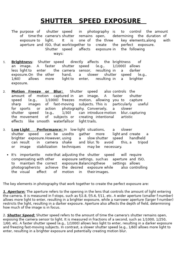 SHUTTER SPEED EXPOSURE | PDF | Shutter Speed | Exposure (Photography)