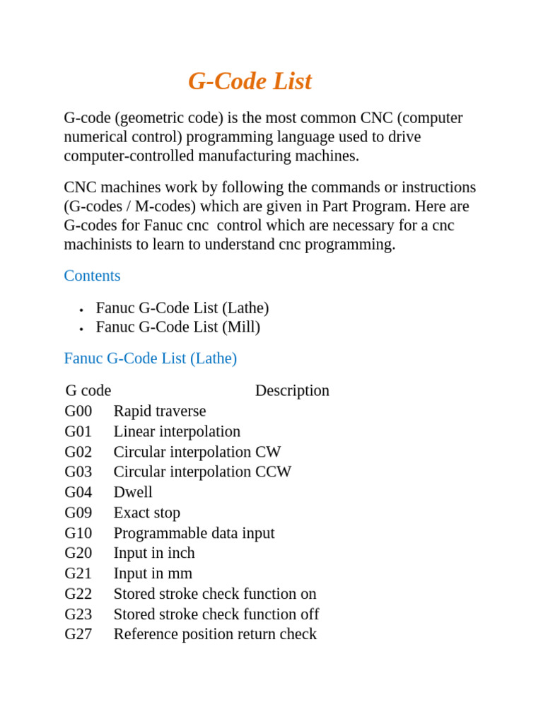 Fanuc G Code List Milling And Lathe Pdf Numerical Control Metalworking
