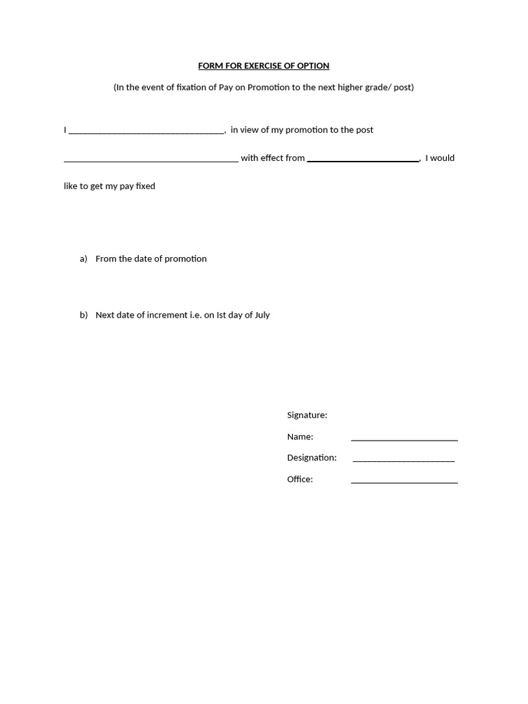 Form for Exercise of Option | PDF