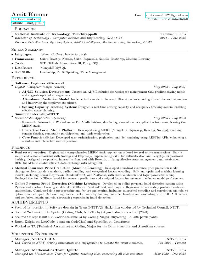 Amit Kumar: Software Engineer Portfolio | PDF | Machine Learning | Databases