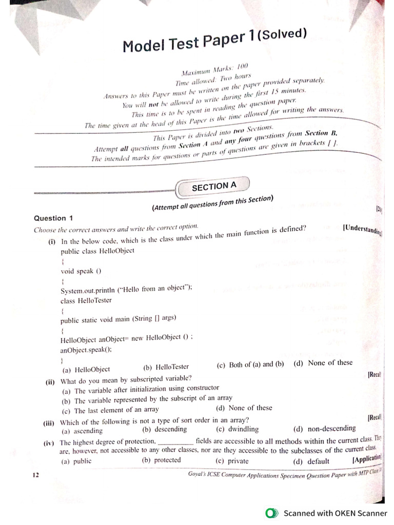 Modal Test Paper-1 Computer Class 10 | PDF