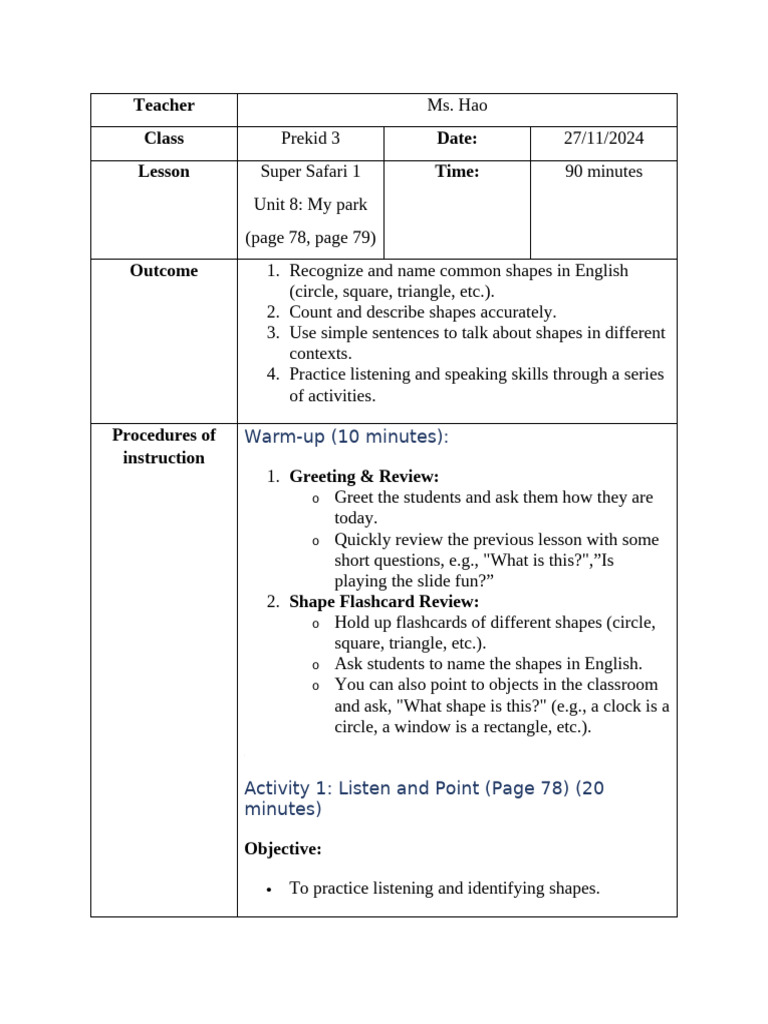 Lesson Plan Safari 1 Page 78,79 | PDF | Shape | Cognition