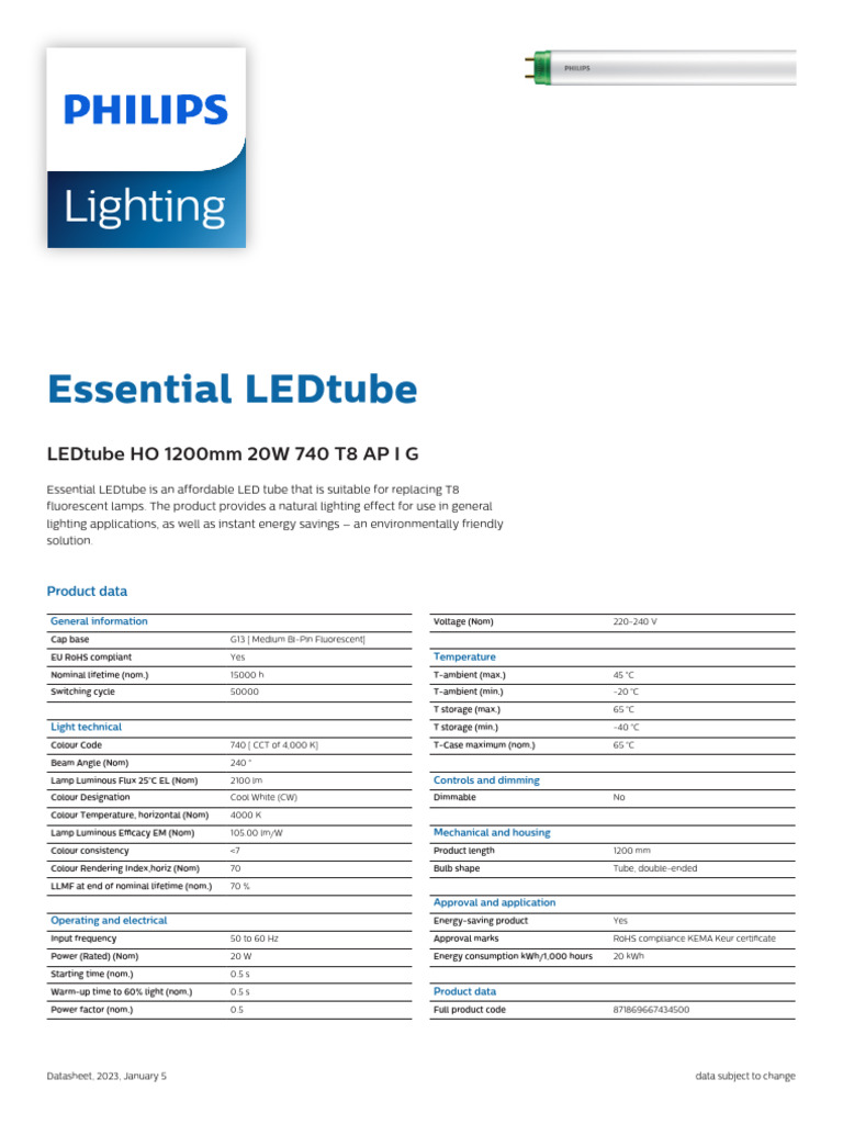 Philips LED T8 Tube 1200mm 20W Review | PDF | Lighting | Fluorescent Lamp