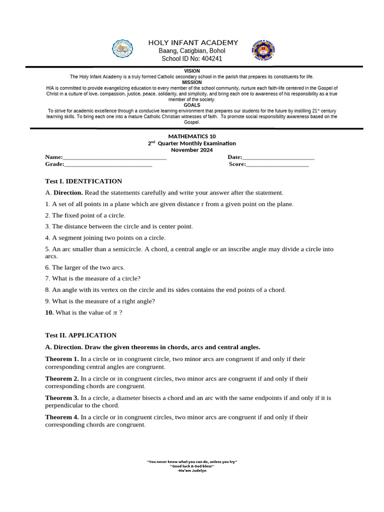 SECOND Quarter Examination For MATH 10 | PDF | Circle | Perpendicular