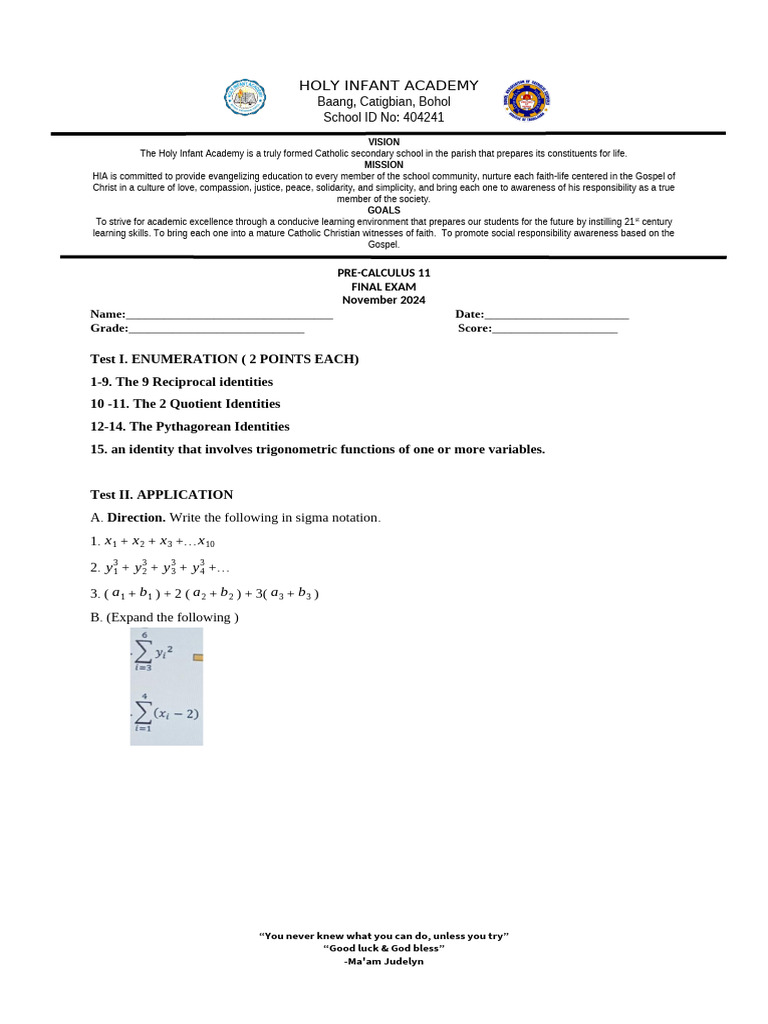 Final Pre-Calculus Grade 11 | PDF | Trigonometric Functions