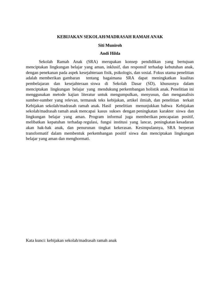 Artikel Kebijakan Sekolah Madrasah Ramah Anak (Siti Muniroh Andi Hilda) ISU | PDF