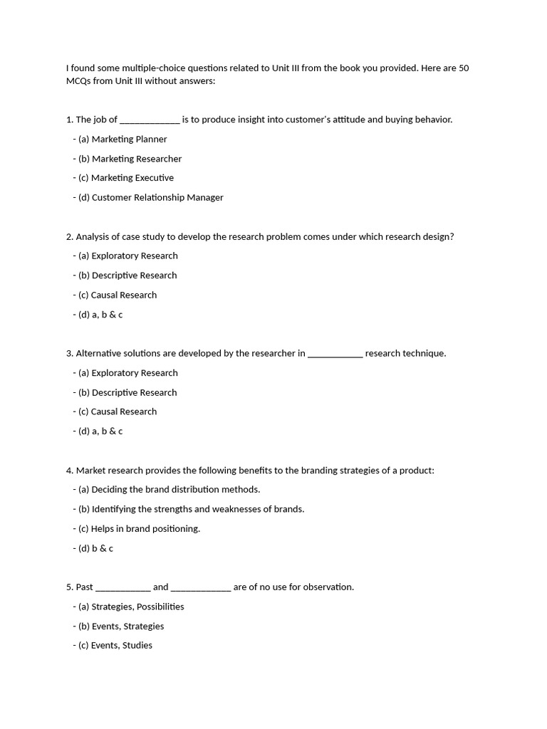 UNIT III-MCQ | PDF | Sampling (Statistics) | Survey Methodology