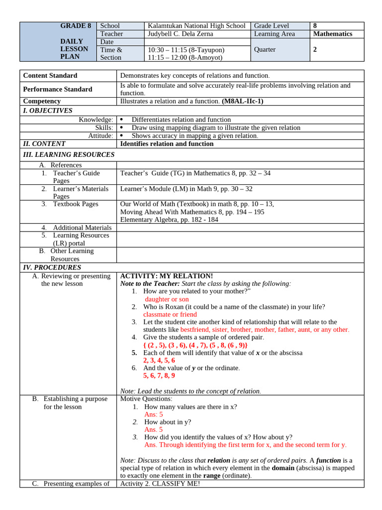 Math 8 Q2 DLP14 - Identifies Relation and Function (2) | PDF ...