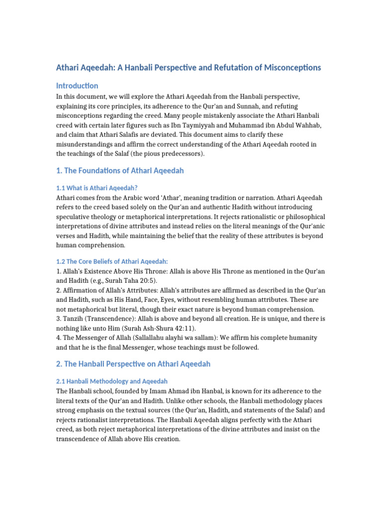 Athari_Aqeedah_Hanbali_Perspective | PDF | God In Islam | Wahhabism