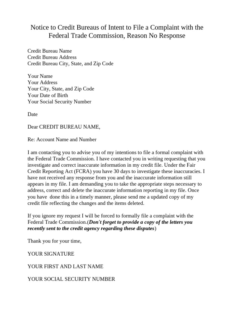 Notice to Credit Bureaus of Intent to File a Complaint With Ftc No ...