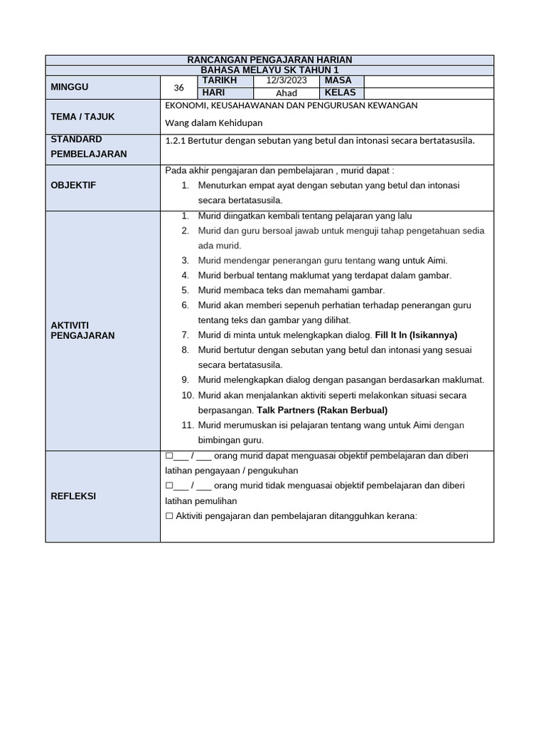 RPH BM T1 Unit 22 Wang Dalam Kehidupan | PDF