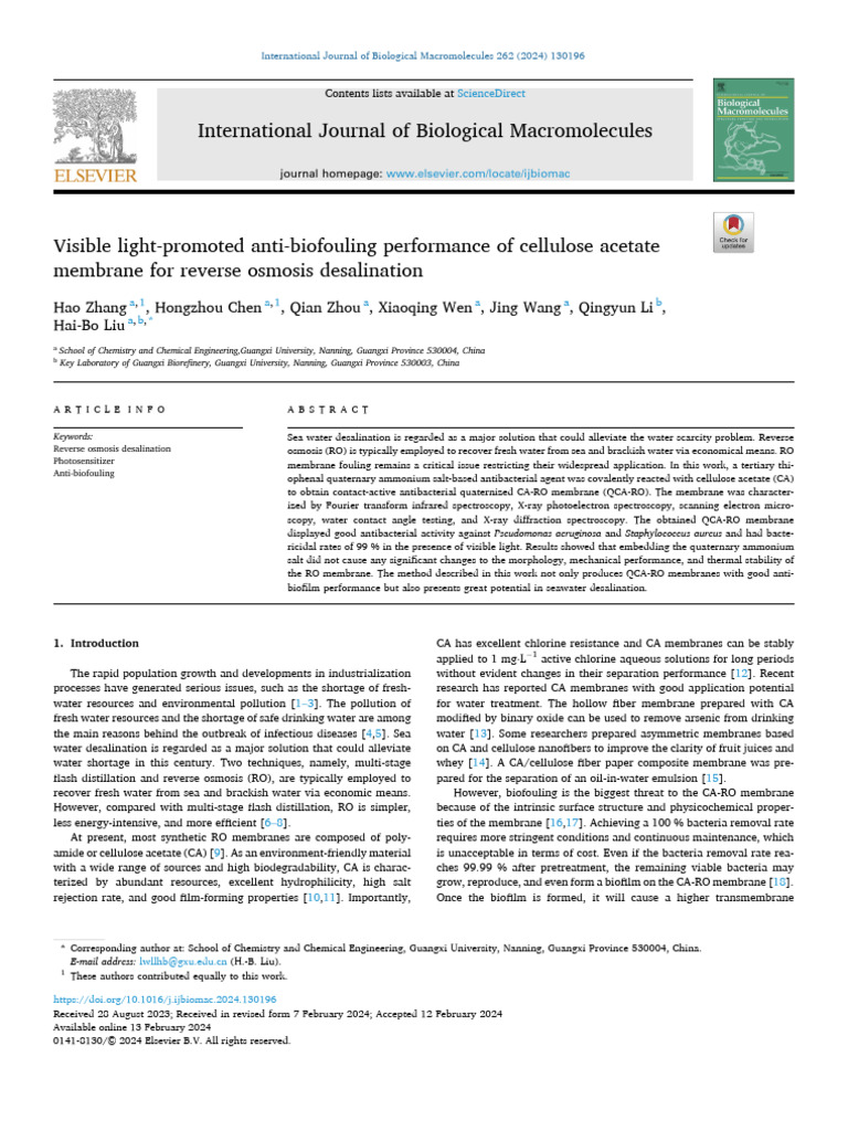 Visible Light-Promoted Anti-Biofouling Performance | PDF | Membrane ...