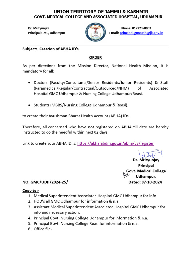 ABHA ID Creation Order for GMC Udhampur | PDF
