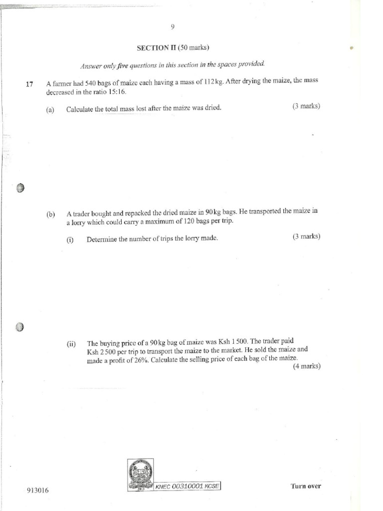 KCSE 2013 Mathematics ALT A P1 | PDF