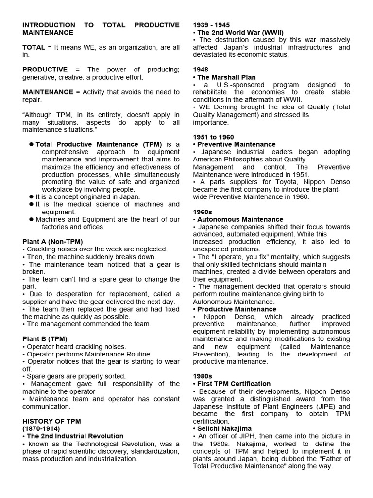 TPM Reviewer | PDF | Reliability Engineering | Business Process